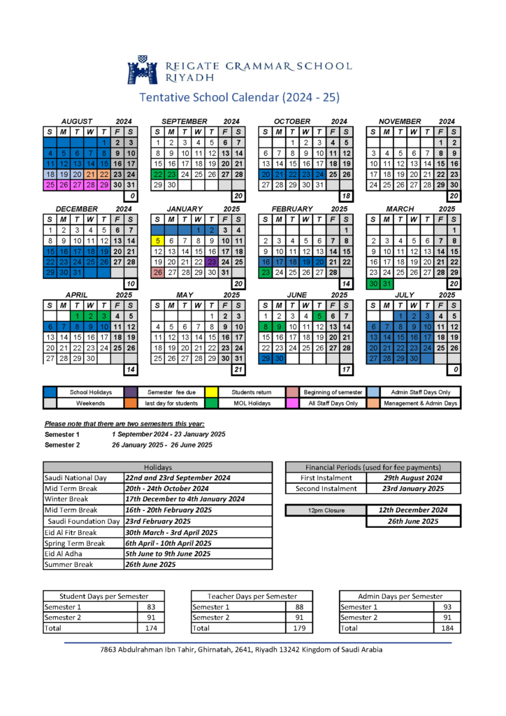 School Calendar – Reigate Grammar School Riyadh
