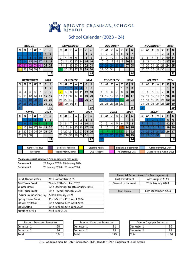 School Calendar - Reigate Grammar School Riyadh