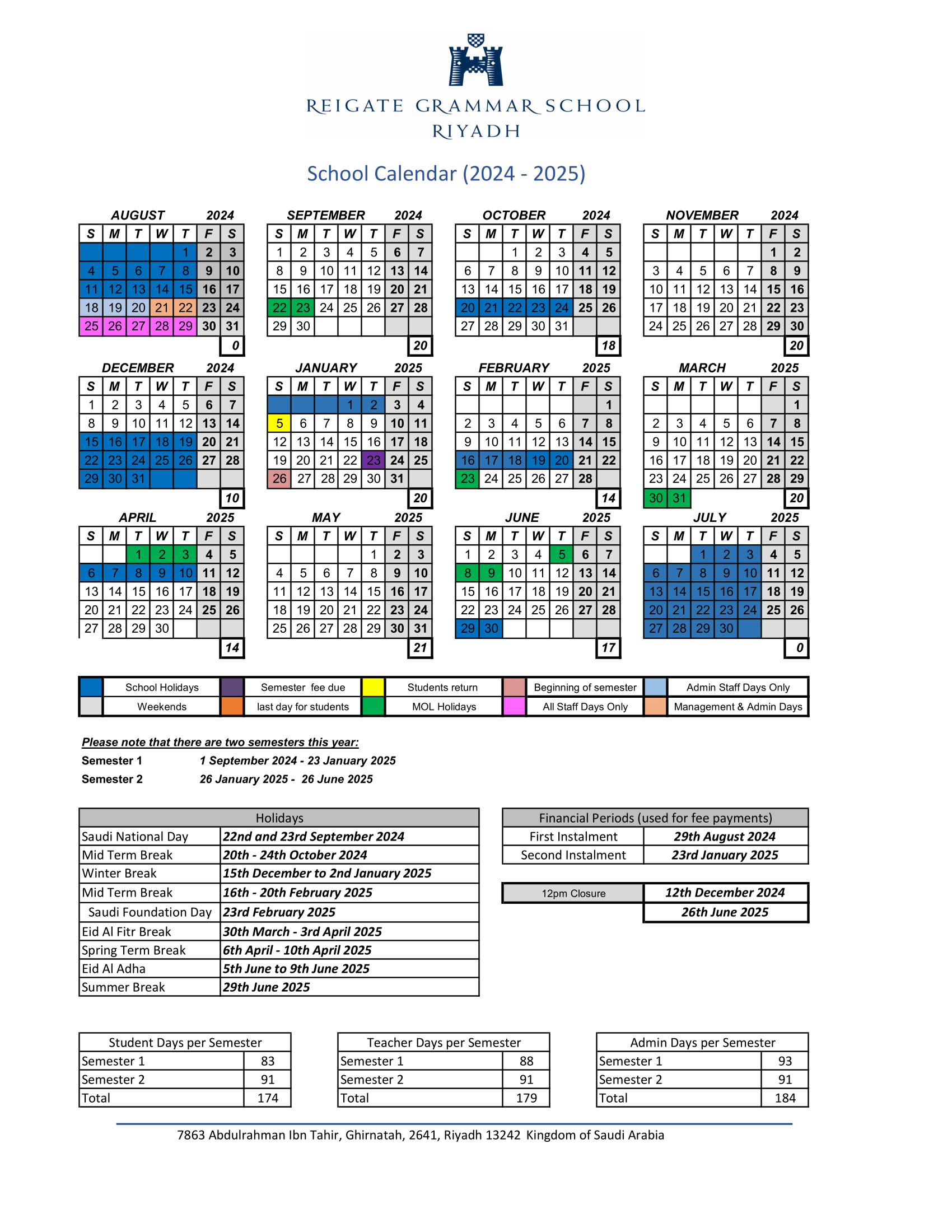 School Calendar - Reigate Grammar School Riyadh
