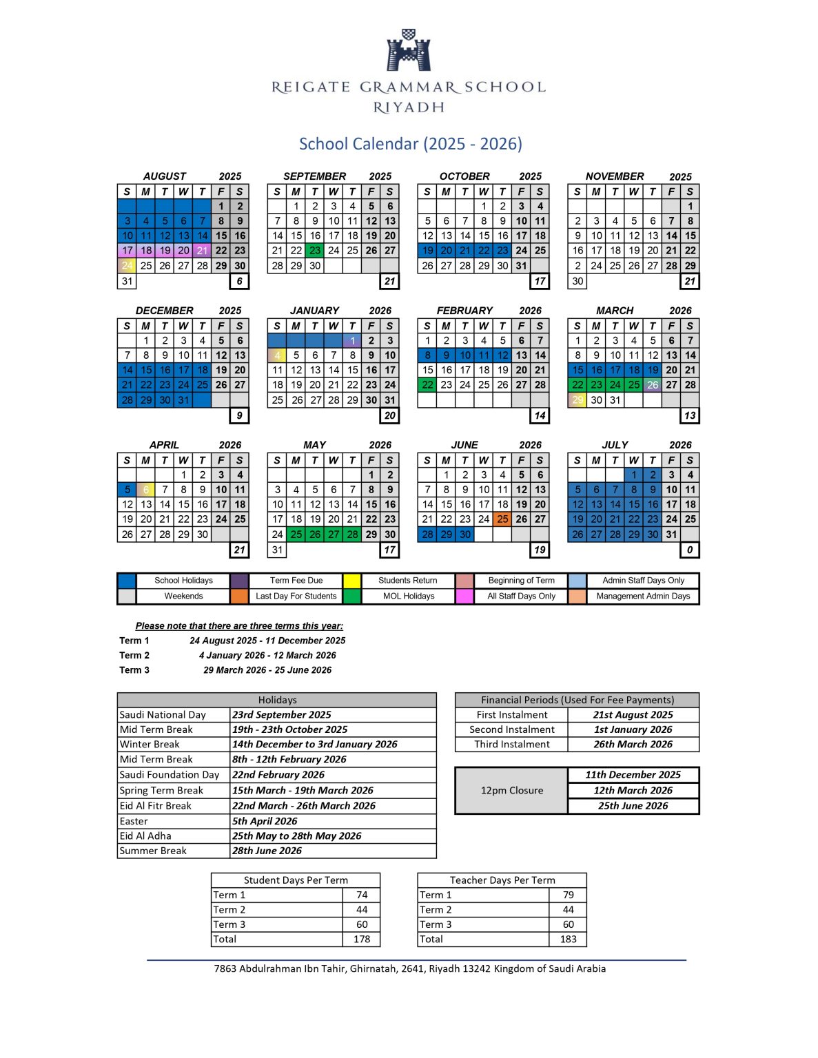 School Calendar - Reigate Grammar School Riyadh
